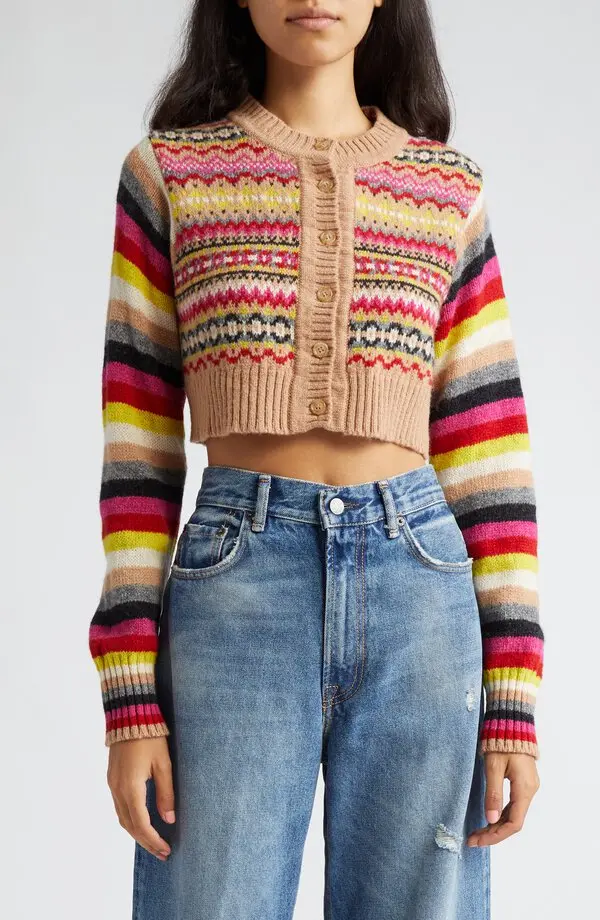 Molly Goddard Tay Fair Isle Stripe Crop Lambswool Cardigan In
